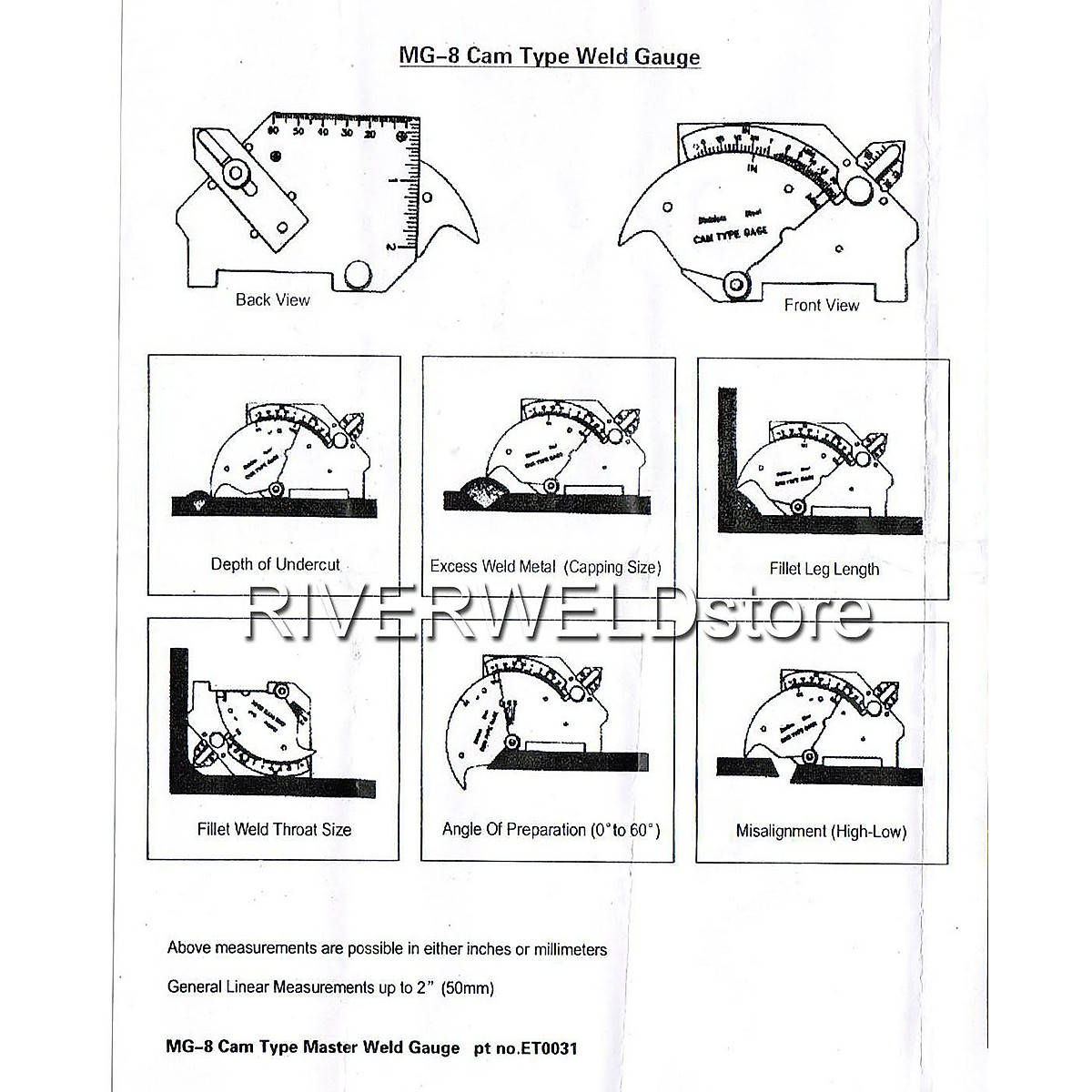 RIVERWELD Bridge Cam Gage Test Ulnar Welding Inspection Gauge Checks Depth of Undercut and Pitting Fillet Weld Throat Size and Length Angle of Preparation Misalignment