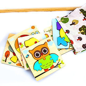 SKYFIELD Wooden Animal Puzzles for 1 2 3 Years Old Boys Girls, Toddler Educational Developmental Toys Gift with 6 Animals Baby Montessori Color Shapes Learning Puzzles