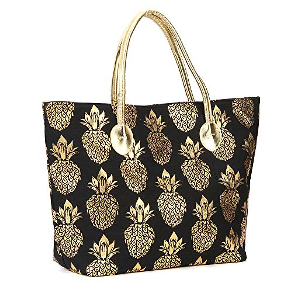 Chandy Metal Gold Pineapple Printed Canvas Beach Tote Bag With Leather Handle (Black), Large