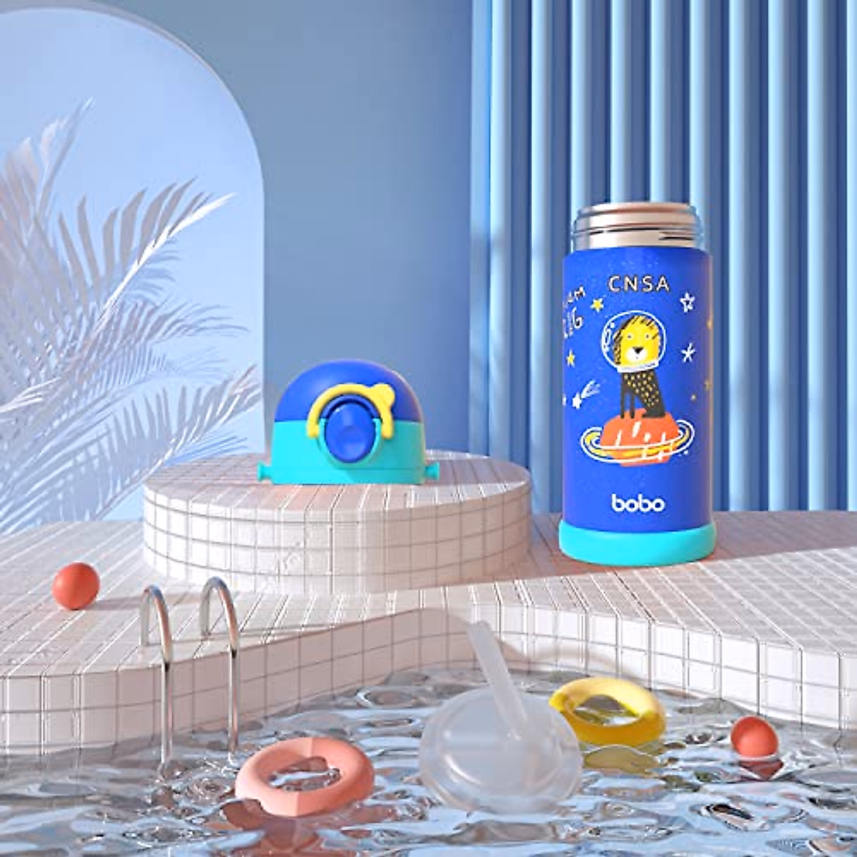 YOHKOH Insulated Kids Water Bottle for School, 12oz Reusable Travel Kid Thermos Water Bottle with Straw and Shoulder Strap, 18/10 Stainless Steel Double Wall Vacuum Insulated Water Bottle (Blue)