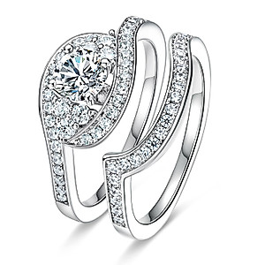 MDFUN 18K White Gold Plated Cubic Zirconia Two In One Wedding Engagement Promise Eternity Ring for Women Size 5.5