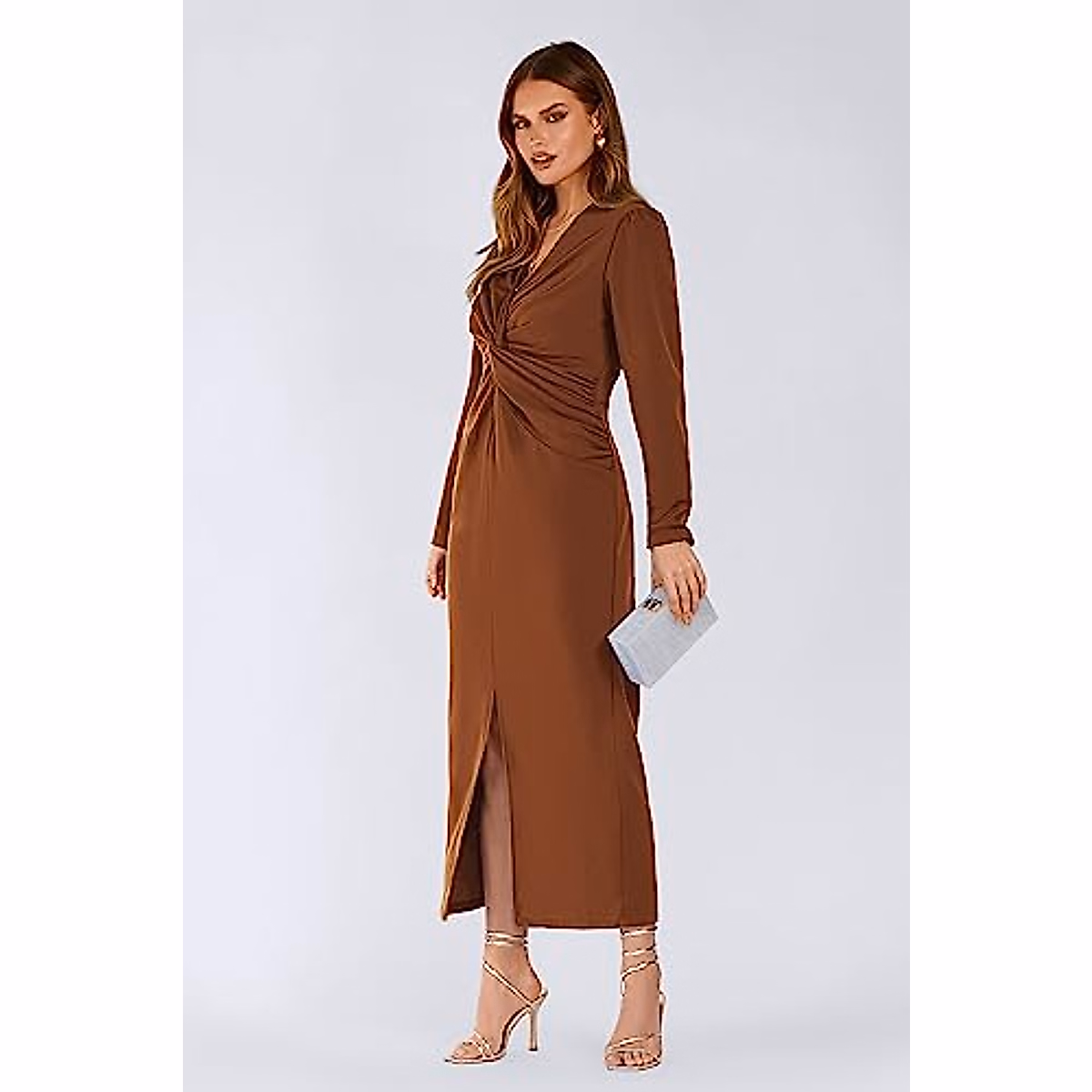 PRETTYGARDEN Women's Spring Fall Fashion Long Puff Sleeve Maxi Dresses V Neck Twist Front Formal Dress with Slit (Coffee,Large)