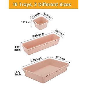 Famhap 16 PCS Pink Desk Drawer Organizers, Versatile Bathroom and Vanity Drawer Organizer Trays, Storage Bins for Makeup, Bedroom, Kitchen Gadgets Utensils and Office (Pink)