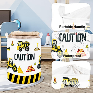 Clastyle 63L Large Yellow Engineering Car Kid Laundry Hamper with Handle Boy Bedroom Bathroom Nursery Collapsible Clothes Toy Storage Basket with Lid