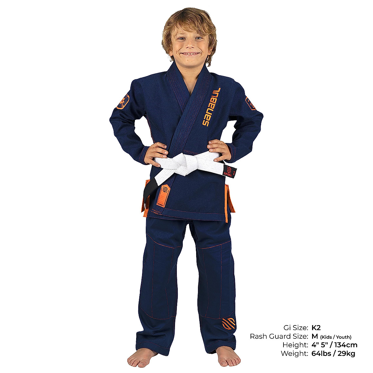 Sanabul Future Legends BJJ Gi for Kids Jiu Jitsu Gi Kimono for Children Youth Preshrunk Fabric & BJJ White Belt Included - Navy/Orange, K1