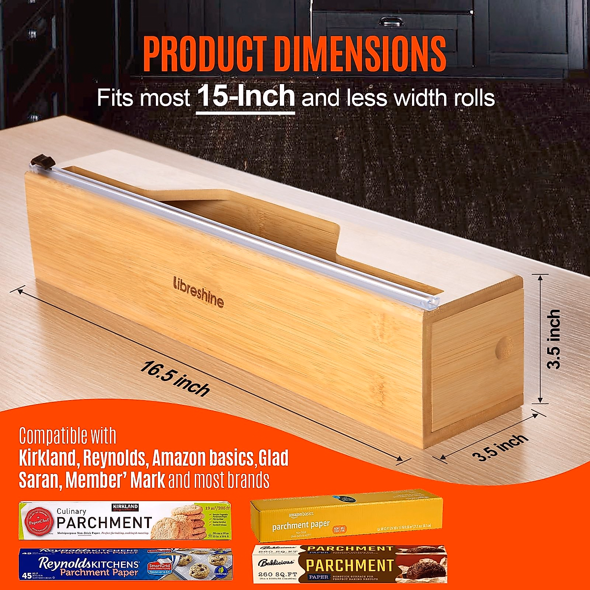 Libreshine Long Foil and Plastic Wrap Organizer with Cutter, Holder for 15 Inch Parchment Paper Roll, Bamboo Wall Mount Kitchen Wrap Dispenser