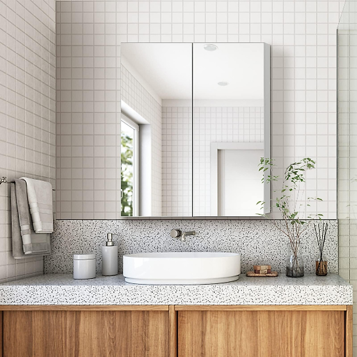 CLIPOP Bathroom Wall Cabinet Medicine Cabinet, Wall Mounted Bathroom Mirror with Storage Mirror Cabinet with 1 Doors and Adjustable Shelf, Over The Toilet Space Saver Storage Cabinet, White