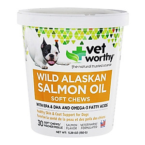 Vet Worthy Salmon Oil Skin and Coat Soft Chews for Dogs - Dog Supplement to Support Healthy Skin and Beautiful Coat - Fish Oil Supplement with Omega 3 Fatty Acids - Salmon Flavor - 30 Soft Chews