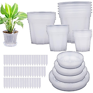 20Pack 4/5/6/7 inch Clear Nursery Pots with 20 Drip Trays 50Pcs Plant Labels, Plastic Reinforced Gardening Pots with Drainage Holes, Assorted Nursery Pots for Plants Succulent Vegetable Flowers