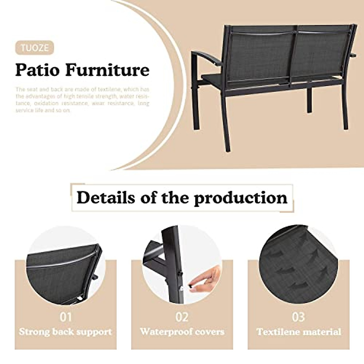 Tuoze 4 Pieces Patio Furniture Set Outdoor Conversation Set with Glass Coffee Table Bistro Set with Loveseat Garden Yard Lawn and Balcony (Black)