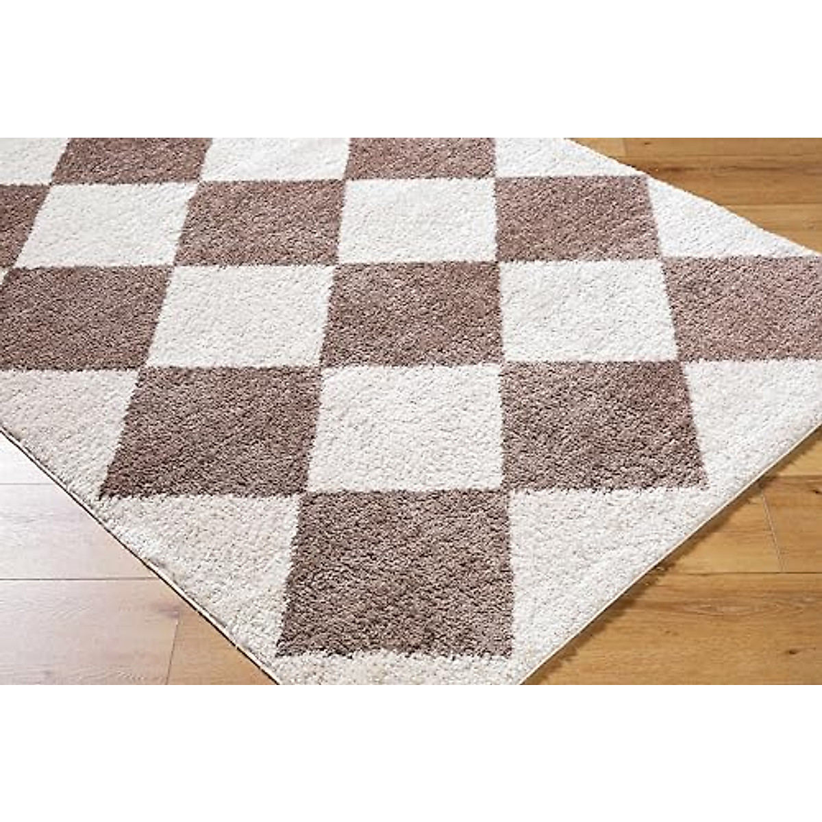 Hauteloom Arilla Modern Geometric Diamond Area Rug for Living Room, Bedroom - Machine Washable Area Rug - Contemporary Soft Cozy Shag Rug - High Pile - Peach, Dark Brown - 6'7" x 9' (6x9)