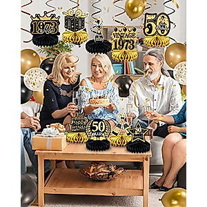 9 Pcs 50th Birthday Decoration for Men Women 50th Birthday Table Decorations Cheers to 50th Birthday Honeycomb Centerpieces 1973 Table Topper Black and Gold 50th Birthday Party Favors
