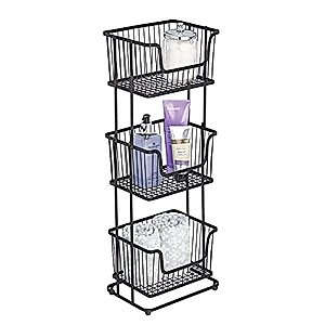 mDesign Tall 3 Basket Tiered Bathroom Holder, Metal Wire Floor Stand Storage Layered Rack with Three Tier Storage Shelving Bathroom Organizer Bins for Bath Towels, Hand Soap, and Toiletries - Black