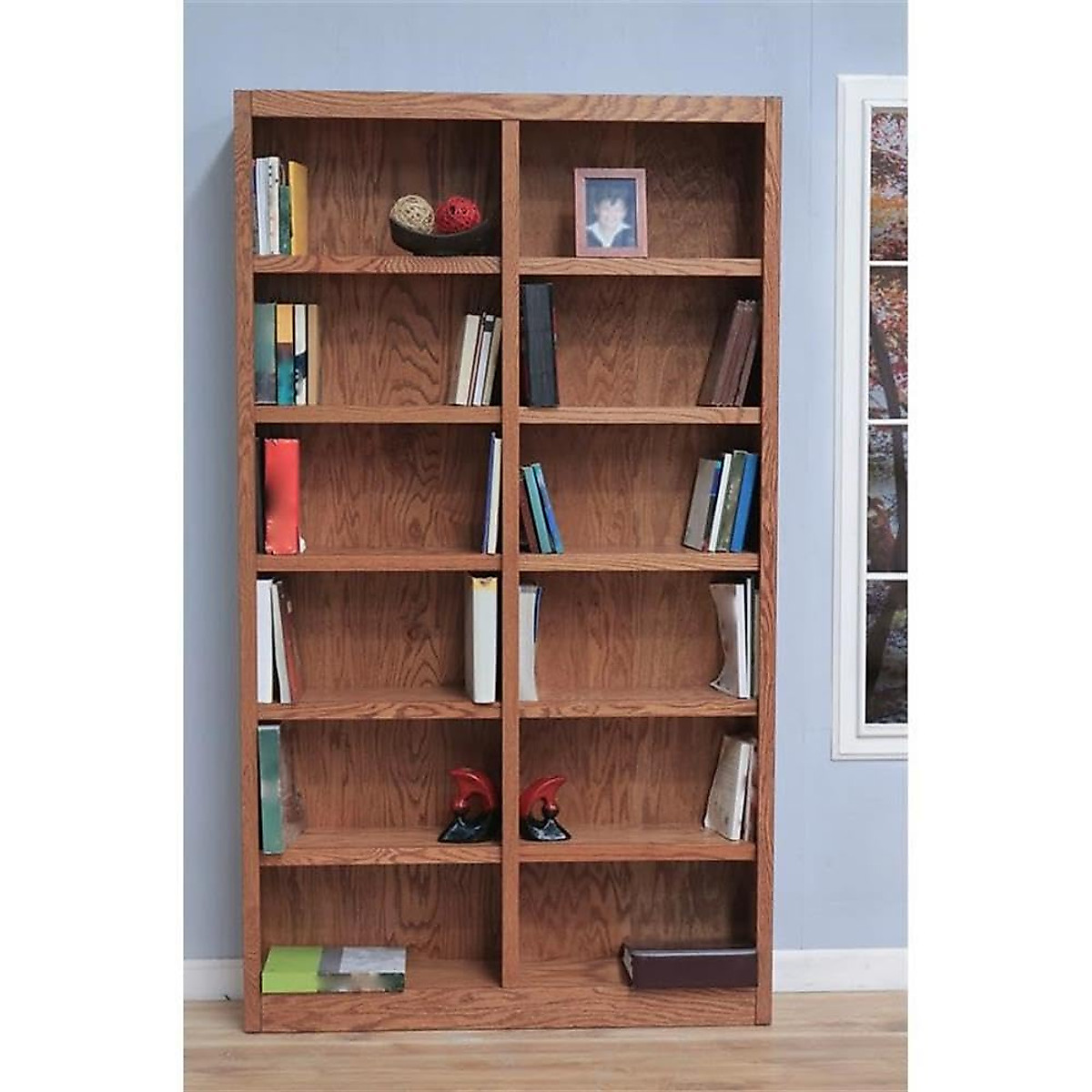 Home Square Tall 12-Shelf Double Wide Solid Wood 84" Bookcase, Set of 2, in Dry Oak