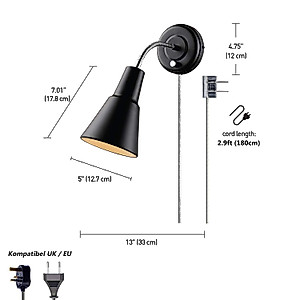 AN.KLN Plug in Wall Light Flexible Gooseneck Reading Lamp with Switch, Vintage Industrial Black Metal Bedside Wall Lamp, 1.8m Cable, E27 Socket, for Bedroom Living Room Study,1Pack