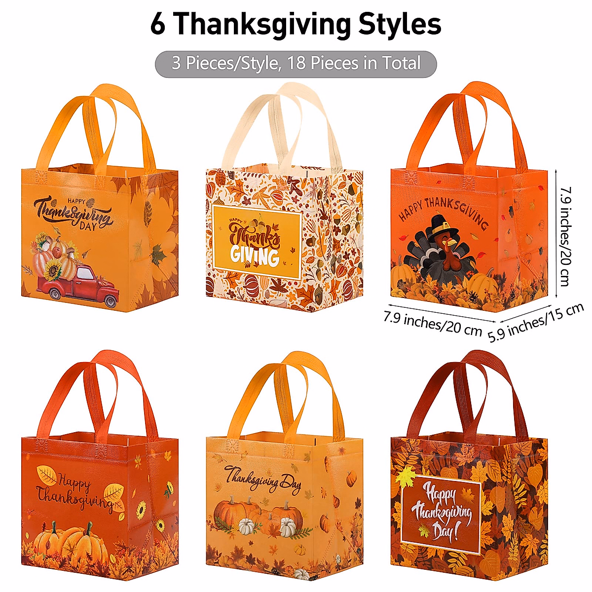 MIMIND 18 Pieces Thanksgiving Non-Woven Tote Bags Turkey Pumpkin Fall Party Gift Bags with Handles Thanksgiving Day Treat Bags Reusable Grocery Goodie Shopping Bags for Fall Thanksgiving Party Favors