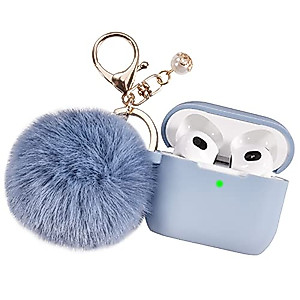 Case for Airpods 3 (2021), Filoto Apple Airpod 3 Generation Case Cover for Women Girls, Silicone Case for Air Pod 3rd Charging Case with Pompom Keychain Accessories (Gray Blue)