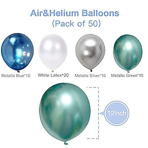 Blue and silver Metallic Chrome Latex Balloons, 50pcs 12 Inch Green Metallic Balloons White Latex Party Balloons for Bridal Shower Wedding Birthday Graduation Valentine’s Day Party Decoration