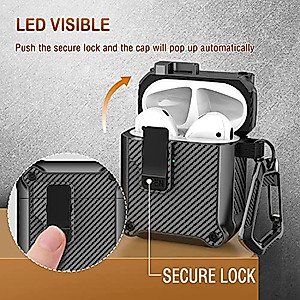 R-fun Airpods Case Cover with Automatic Secure Lock Clip, Protective Rugged Hard Shell for Apple Airpods 2nd & 1st Generation Charging Case with Carbon Fiber Keychain-Black