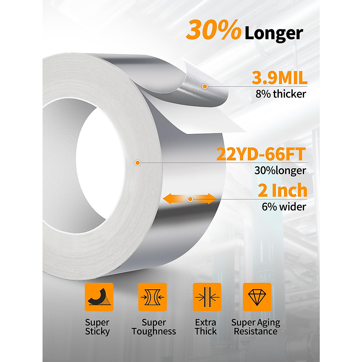 Aluminum Foil Tape,2 inch x 22 Yards-66FT (3.9 mil), Duct Tape, Heat Resistant, Insulation Tape for HVAC, Metal Repair, Heavy Duty Tape for Ductwork, Dryer Vent (22YD Silver)