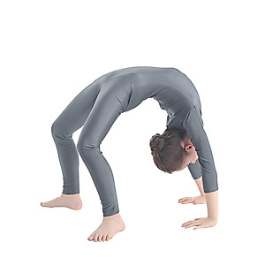 JEATHA Kids Girls Classic Long Sleeves Full Body Gymnastics Exercise Unitard Sports Leotard Bodysuit Costumes Dark Gray 13-14
