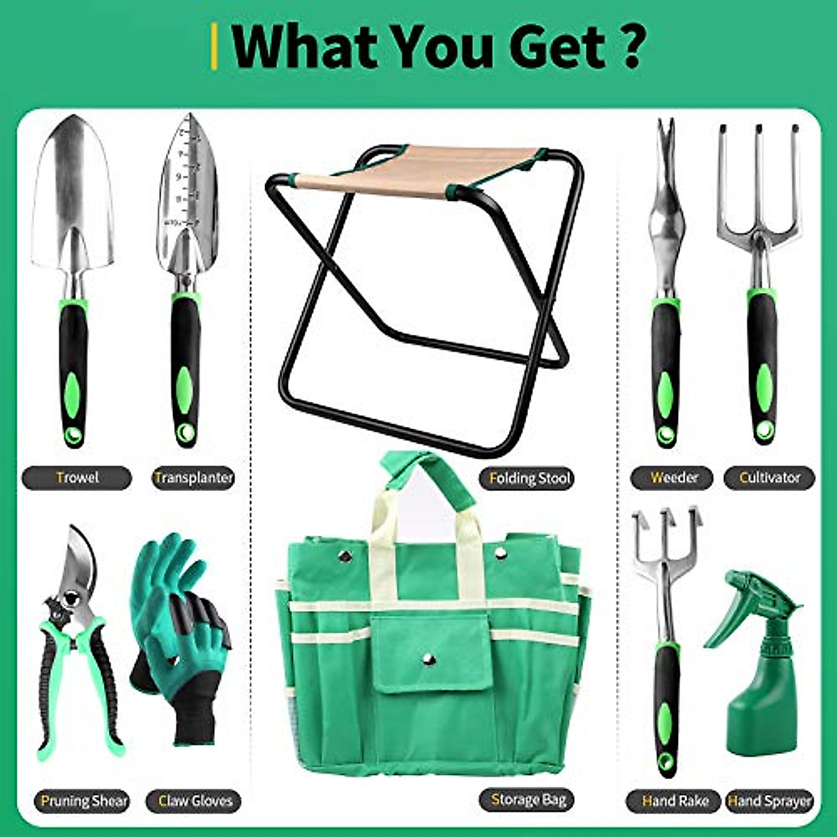 Yongkist 9 PCS All-in-one Garden Tools Set, Heavy Duty Cast-Aluminium Alloy Gardening Tools Kit with Folding Stool Seat&Detachable Canvas Tool Bag , Non-Slip Rubber Grip, Outdoor Hand Tools