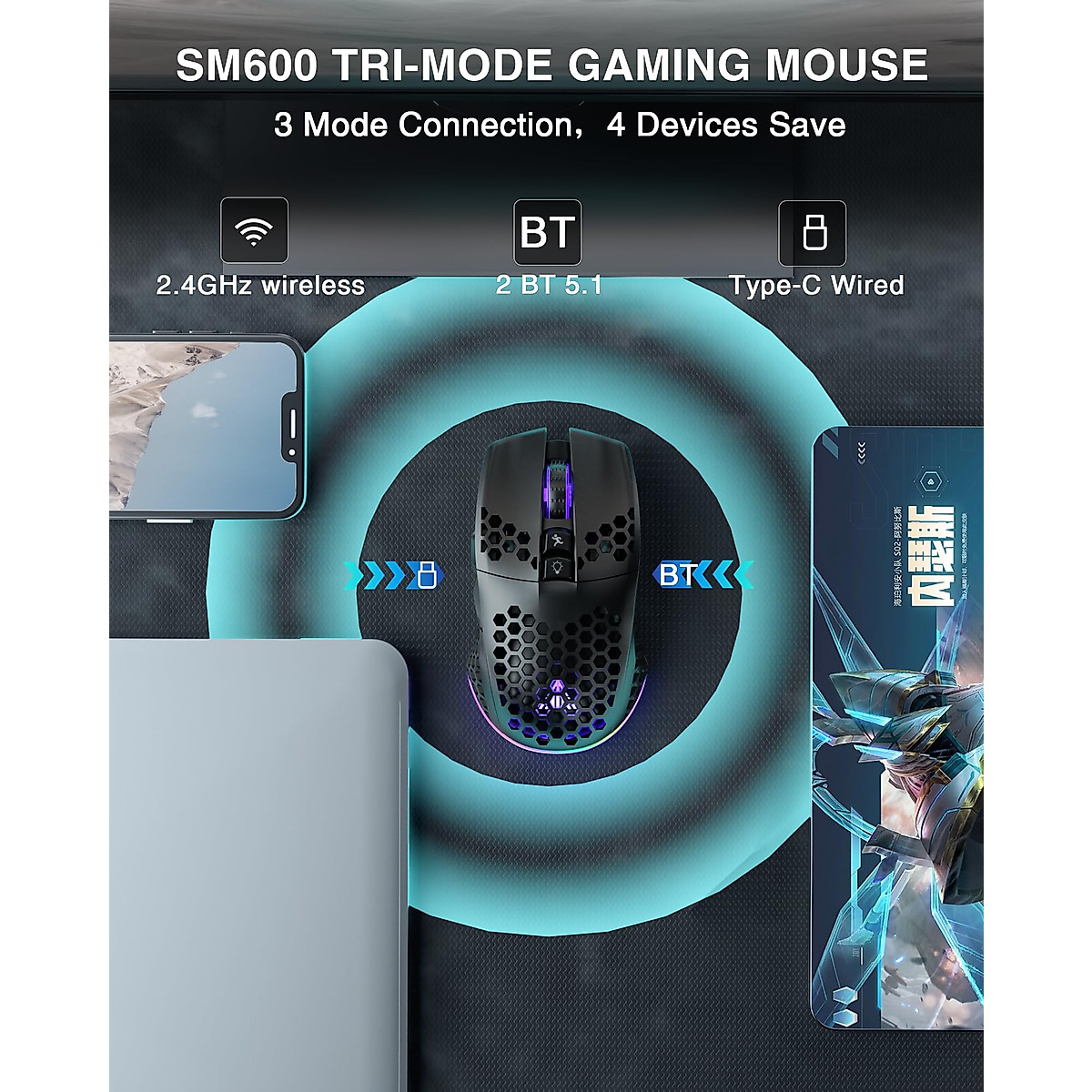SOLAKAKA SM600 Honeycomb Shell Gaming Mouse Wireless,8000 DPI Tri-Modes BT5.1/2.4G Wireless/Type-C Wired Gamer Mouse with 2 Side Buttons, Macro Programmable and RGB Light for PC/Mac/Laptop,Black