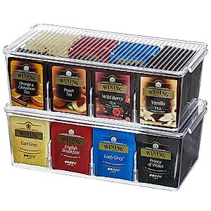 Lifewit 2 Pack Plastic Stackable Tea Bag Organizer, Divided Storage Bin Box for Kitchen Cabinets, Countertops, Pantry, Hold Coffee Pods, Sugar Packets, Condiments, 8 Sections