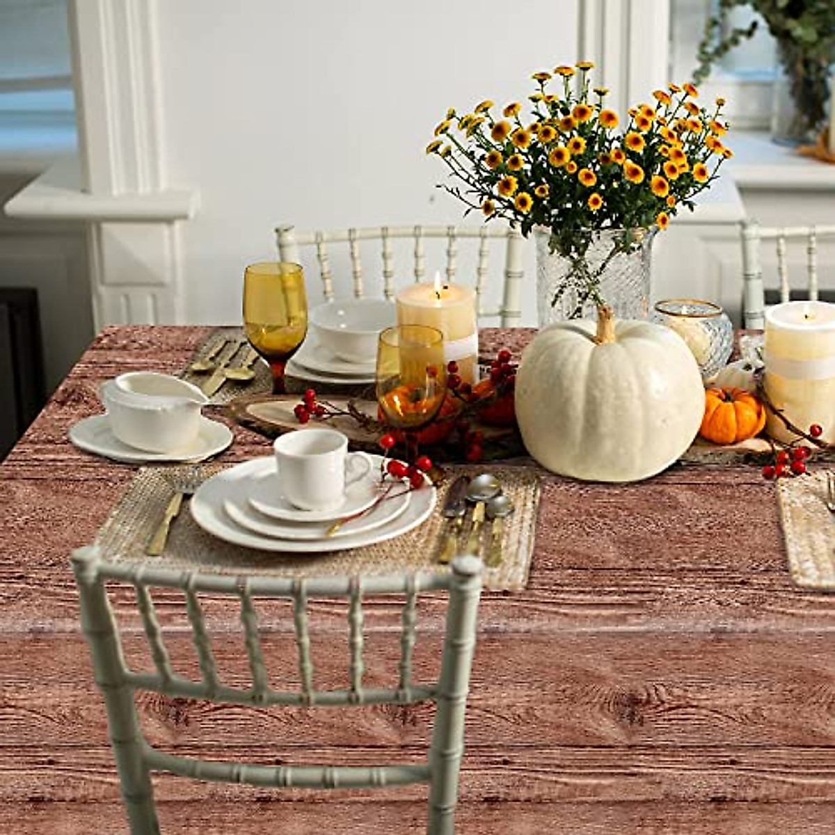 3 Pieces Wood Grain Tablecloth Brown Wood Plastic Table Cover Rectangular Table Decoration for Kitchen Dining Room, Barbecue Thanksgiving Fall Autumn Party