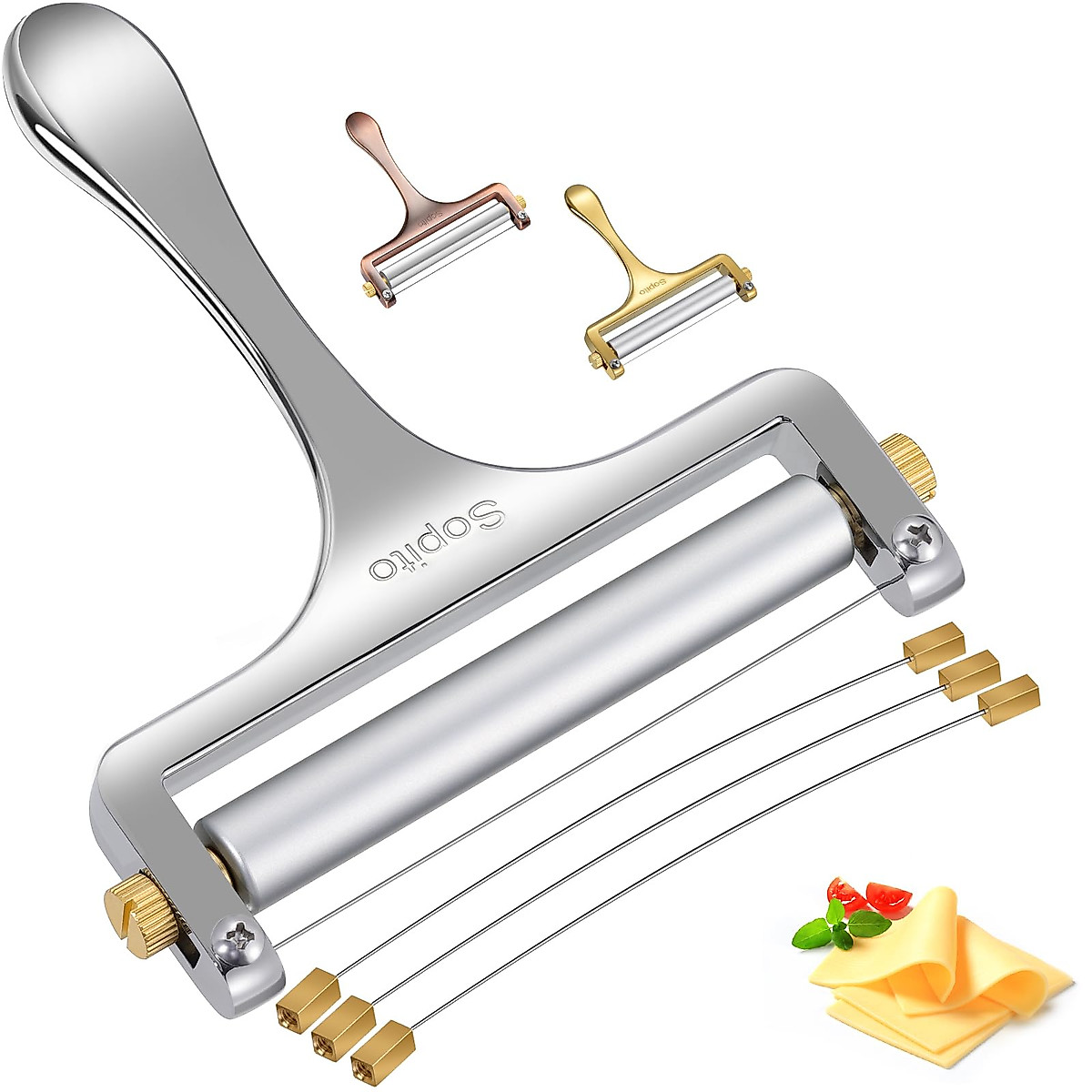 Sopito Cheese Slicer Stainless Steel Wire Cheese Slicer With 3 Extra Wires Great for Cheddar, Gruyere, Raclette, Mozzarella Cheese Block, Adjustable Thickness - Wire Cheese Slicer