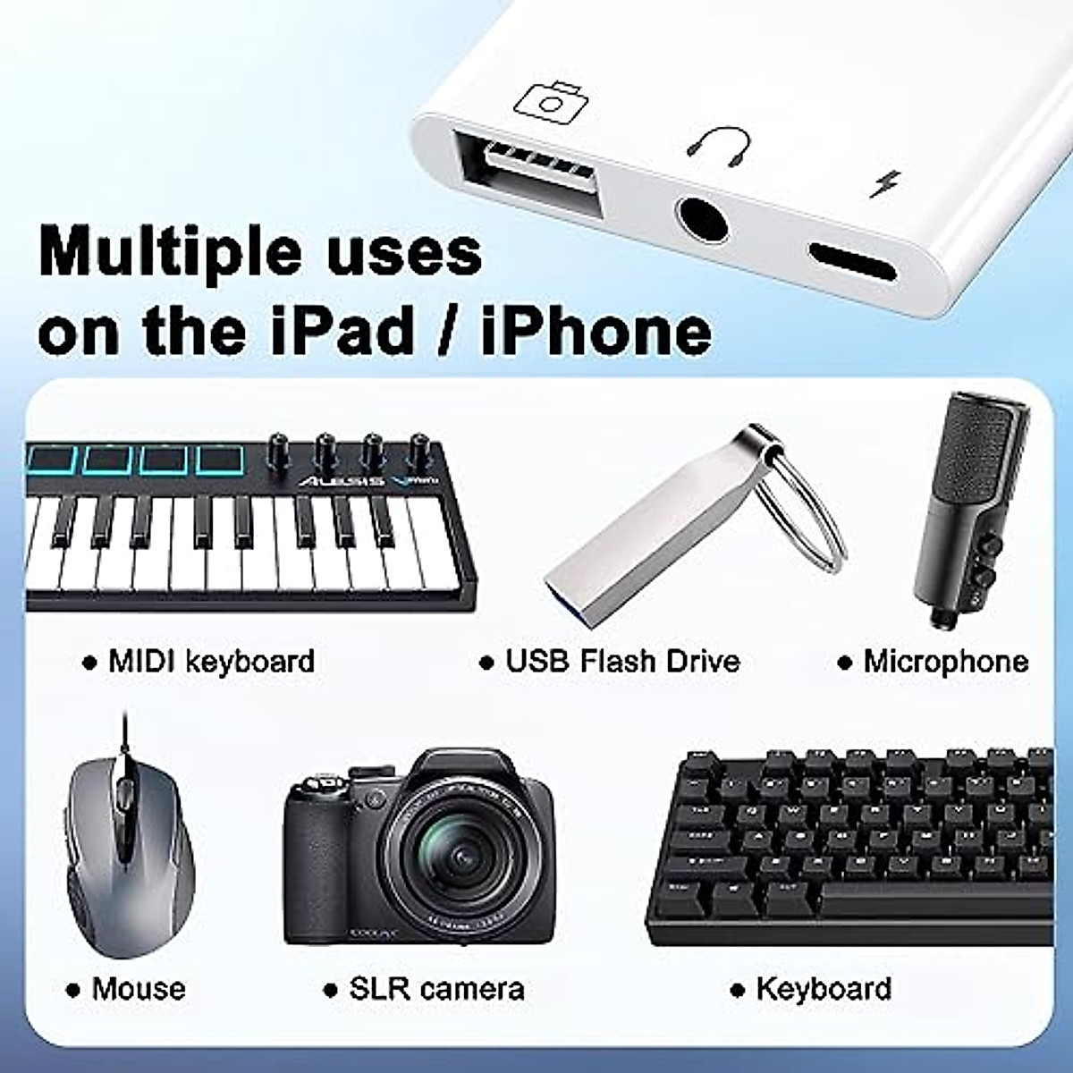 MASAYA USB 3 Camera Adapter,3 in 1 USB Female OTG Adapter with 3.5 mm Headphone Jack and Charging Splitter Compatible with i-Phone 12 11 X 8,Support Card Reader,MIDI