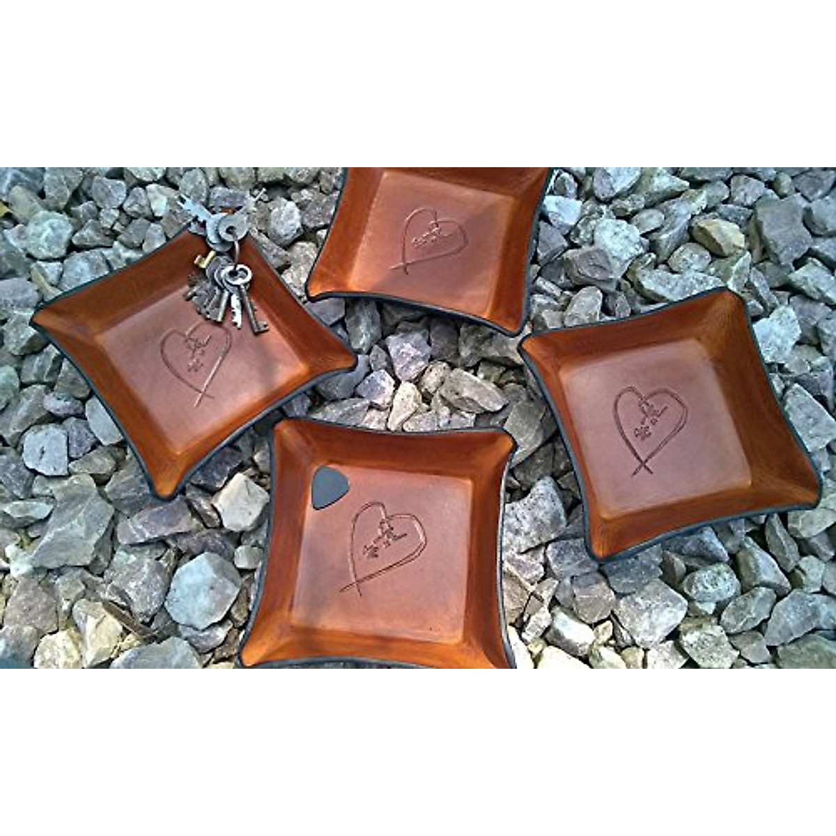3rd Anniversary Leather Tray. Distressed Leather Valet with Heart.