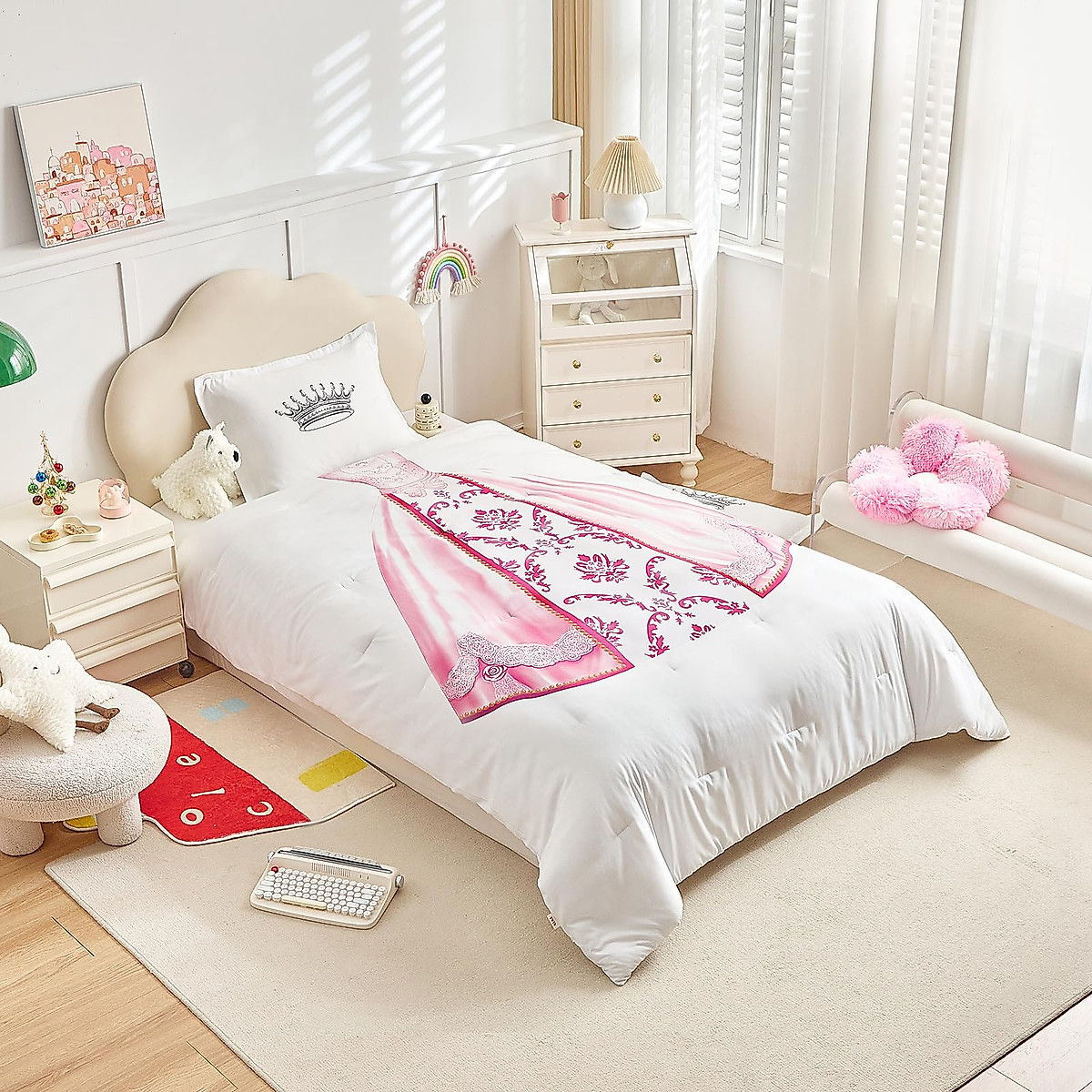 Girls Bed Comforter Set Twin Size 3PC Pink and White Princess Bedding Set with Cute Luxurious Dress Pattern on Comforter and Princess Crown Print on Pillow Shams