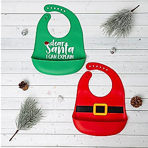 Little Holly Dear Santa Silicone Bib Set, Christmas Silicone Bibs with Food Catcher, Soft Adjustable Fit Toddler Bibs, Dishwasher Safe Baby Bibs, Feeding Accessory for New & Expecting Parents