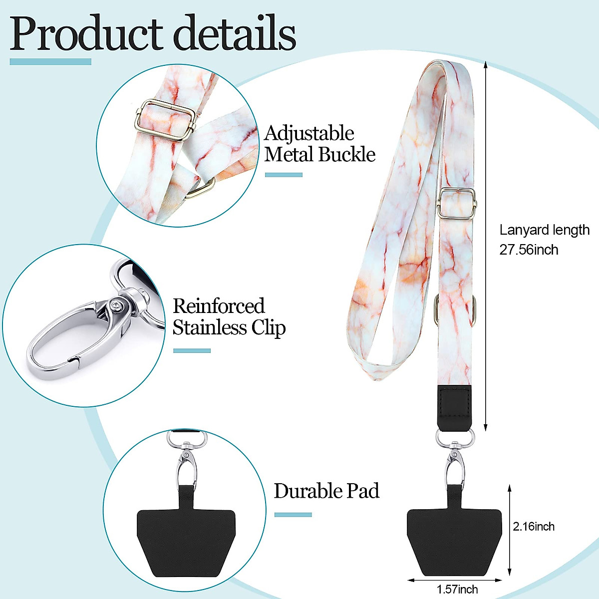 Chinco 5 Pack Crossbody Multifunctional Cell Phone Lanyards Universal Adjustable Neck Strap and Phone Patches Compatible with Most Smartphones(Marble Pattern,Bright Color)