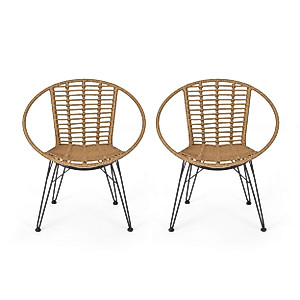 GDFStudio Outdoor Wicker Dining Chairs (Set of 2), Light Brown and Black