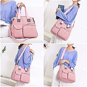 Women Utility Tote Bag Waterproof Nylon Multi Pocket Shoulder Bags Work Bag Teacher Purses and Handbags for Nurses (Baby Pink)