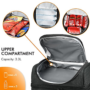 Tirrinia Insulated Lunch Bag, Leakproof Thermal Bento Cooler Tote for Women and Men, Dual Compartment with Shoulder Strap, 10.3" x 7.5" x 8.6", Black