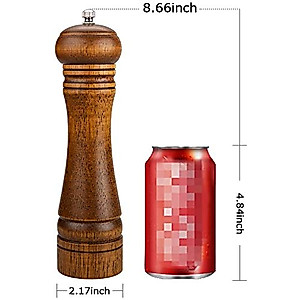 Refillable Wooden Pepper Mill - Big Solid Oaken Wood Gourmet Professional Mills Shaker with Strong Non-corrosive Adjustable Ceramic Grinder Mechanism - Fine to Coarse - 8 in