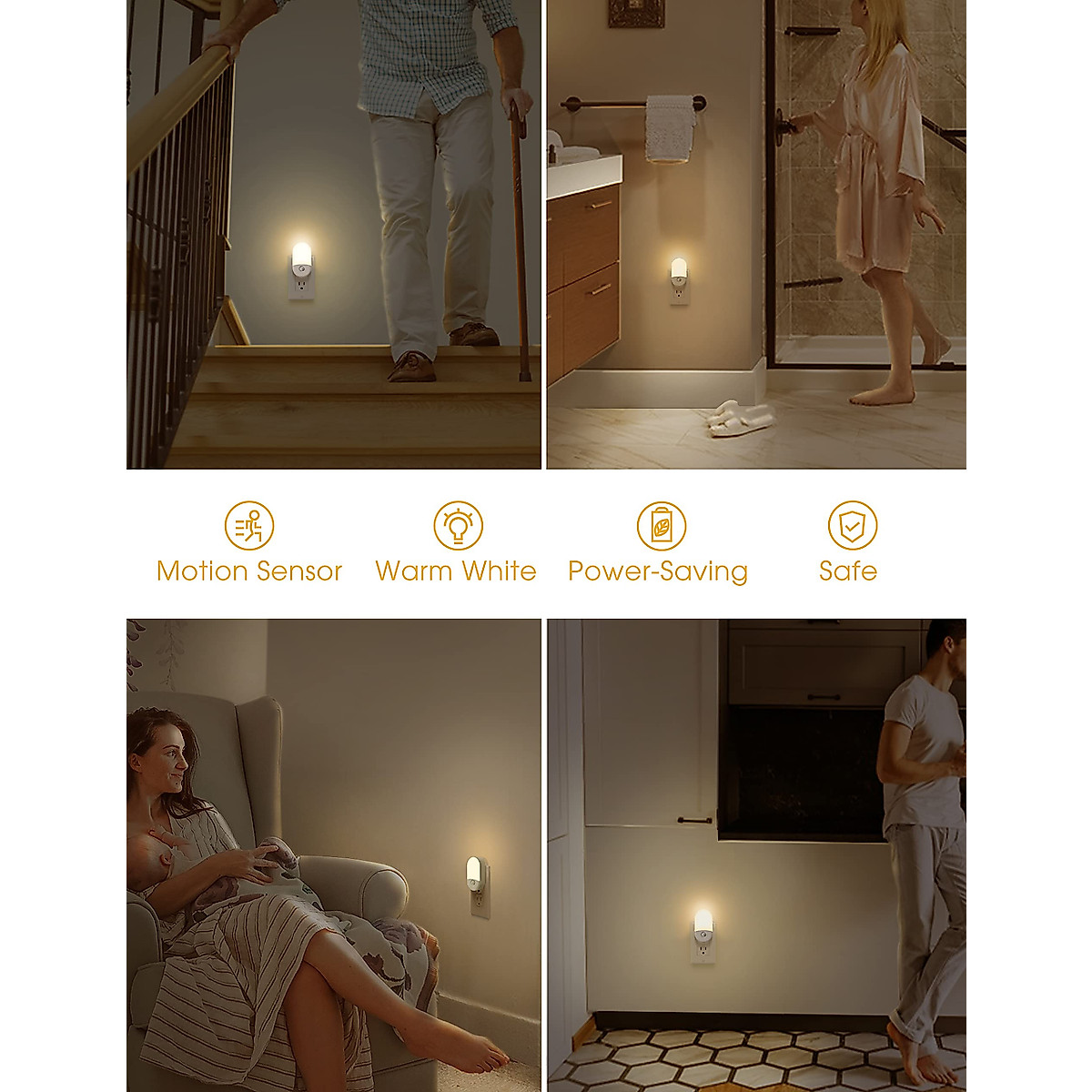 Motion Sensor Night Light Plug in, 2 Pack LOHAS Motion Activated Night Light Warm White 3000K, Dusk to Dawn Sensor, Adjustable Brightness, Plug Into Wall Night Light for Kids, Bathroom, Bedroom Light