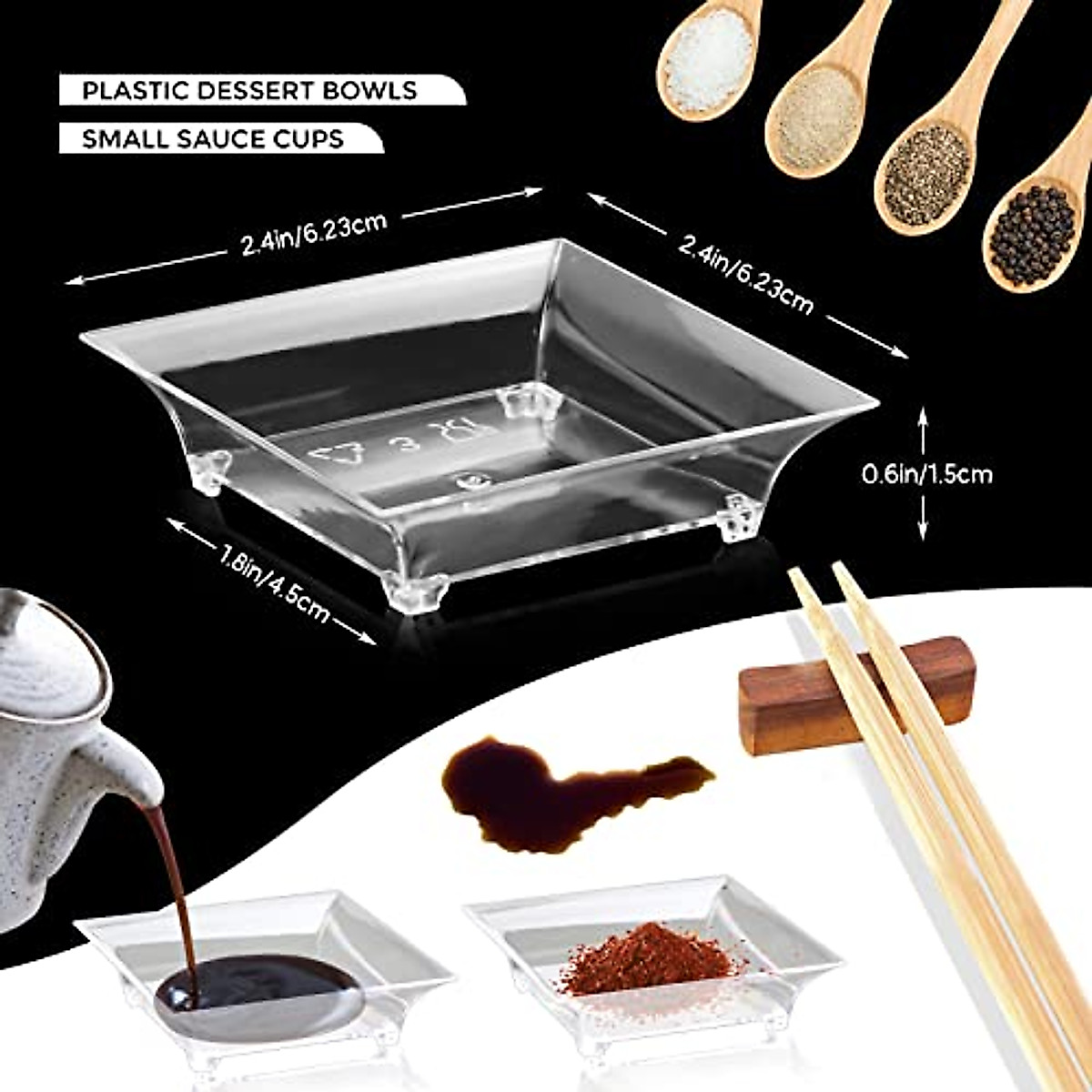 GothaBach 100 Pcs Mini Dessert Plates, Clear Disposable Mini Plastic Tray, Mini Plastic Dish for Sauce, Dessert, Fruit or Appetizer(2.4'') (Style 2)