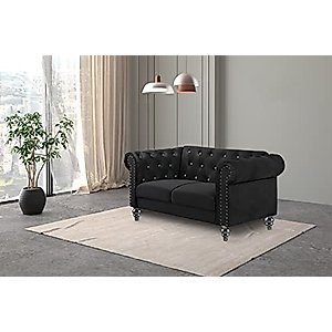 New Classic Furniture Glam Emma Velvet Two Seater Chesterfield Style Loveseat for Small Spaces with Crystal Button Tufts, Black