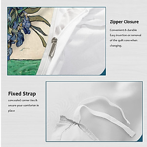 RIVINE Impressionism Style Duvet Cover Set 3 Pieces Blooming Irises, 1890 Breathable Bedroom Bedding Set with 2 Pillow Shams 4 Ties Zipper Queen