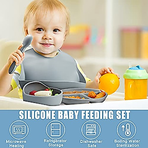 15 Pcs Baby Led Weaning Supplies, Silicone Baby Feeding Set, Suction Bowl Divided Plate with Suction Adjustable Bib Soft Spoon Fork, Infant Baby Toddler Self Eating Utensil (Blue, Green, Gray)