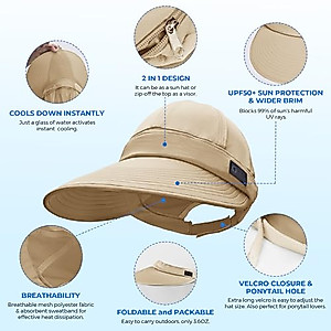 Sukeen Cooling Visor Cap for Women&Men, 2 in 1 Zip-Off Sun Hat with UV Protection for Outdoor Sports Golf Travel Tennis Beach Beige
