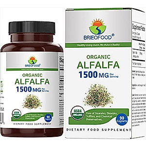 Brieofood Organic Alfalfa 1500mg, 45 Servings, Vegetarian, Gluten Free, 90 Vegetarian Tablets