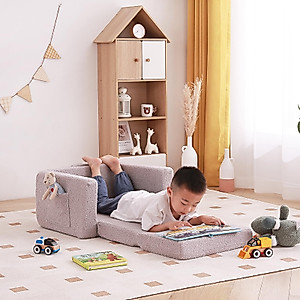 Tiita Kids Sofa, 2-in-1 Kids Sofa Chair, Convertible Children Couch to Lounger, Flip Out Kids Sofa Chair, Toddler Armrest Chair Bed, Folding Kids Play Sofa for Girl or Boy (Grey)