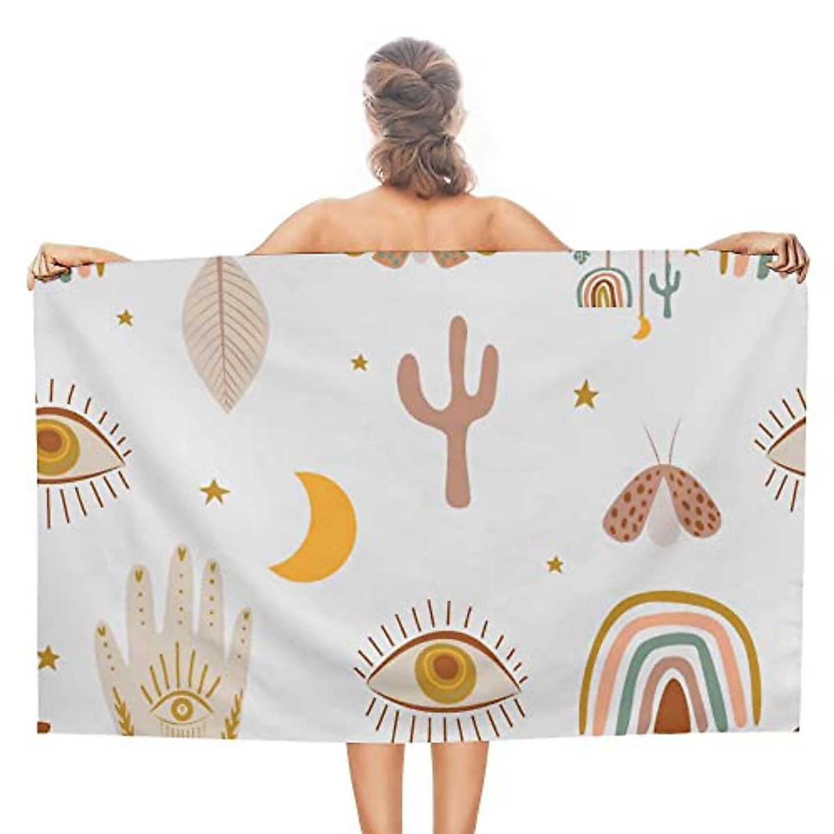 My Little Nest Bath Towels Quick Dry Bathroom Towels Boho Tribal Eyes Cactus Stars Motif Absorbent Shower Towels Soft Hand Towel Wash Cloths for Spa Pool Hotel Gym 31" x 51"