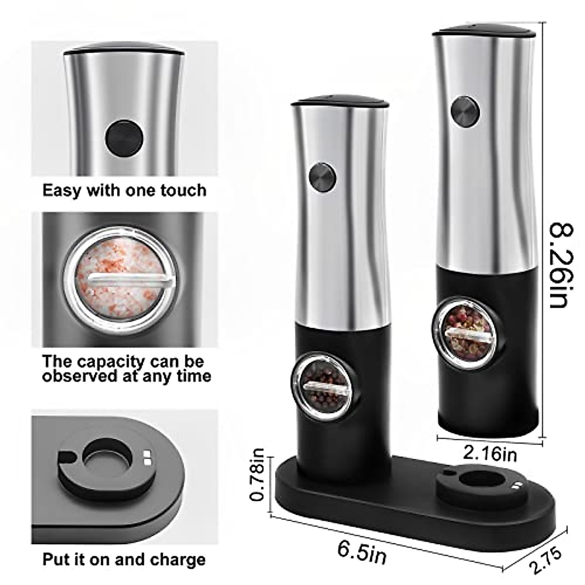 Electric Salt and Pepper Grinder Set, Adjustable Coarseness Automatic Pepper and Salt Mill Powered Refillable with Rechargeable Base, One Hand Automatic Operated Kitchen Gadgets, Stainless Steel