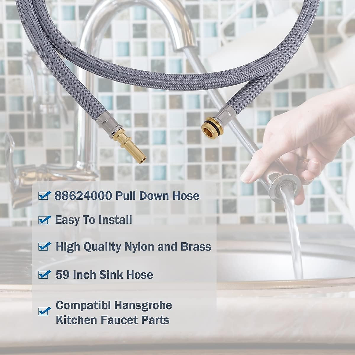 88624000 Pull-out Hose for Hansgrohe Kitchen Faucets, Kitchen Sink Faucet Replacement Parts, Pull-down Spray Hose Replacement with Brass Connectors, 59-Inch + 10.5-Inch